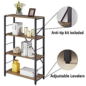 FOLUBAN 4 Tier Open Bookshelf, Vintage Free Standing Book Shelf, Rustic Wood and Metal Bookcase for Home Office, Oak