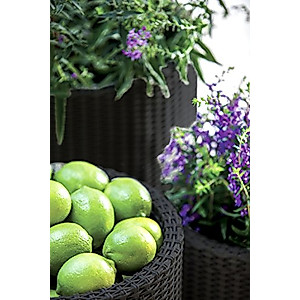 Keter Resin Wicker Cylinder Flower Pot Set of 3 Small, Medium, and Large Planters with Drainage Plugs for Outdoor or Indoor Plants, Charcoal Grey