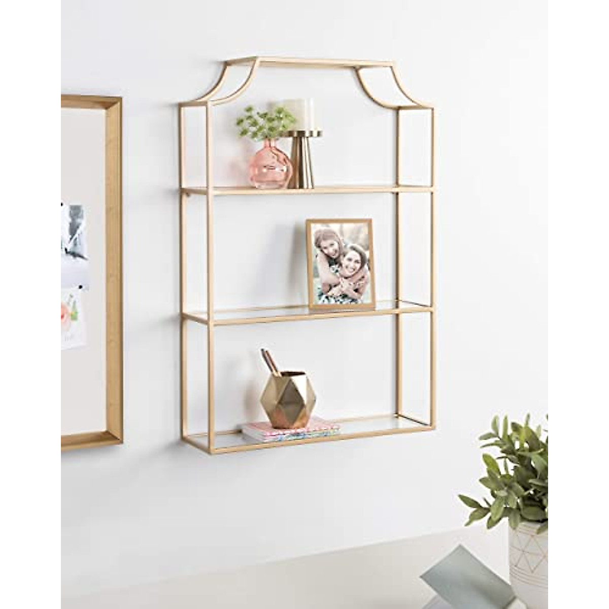 Kate and Laurel Ciel Glam 3-Tier Scalloped Wall Shelf, 20 x 30, Gold, Modern Shelving with Glass Tiers