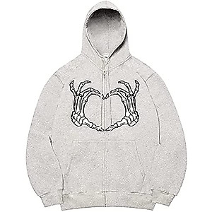 Women Men Oversized Zip Up Sweatshirt Hoodie Jacket Halloween Skeleton Print Coat Aesthetic Streetwear Top Gray