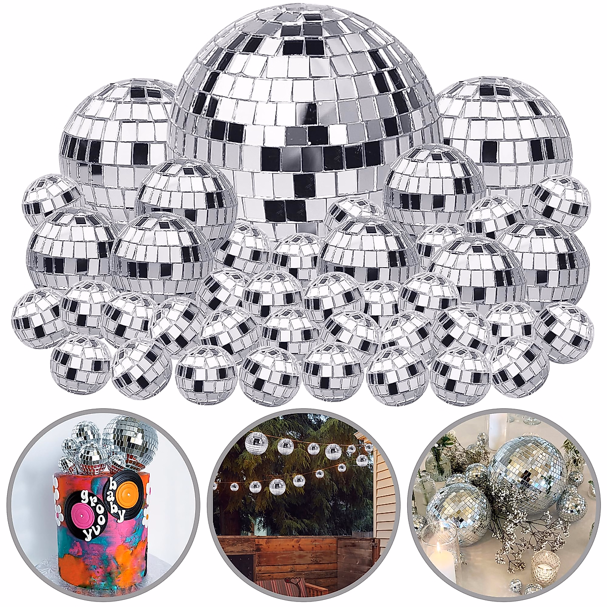 45 PCS 0.78Inch 1.57Inch 2.36Inch 3.54Inch Disco Ball Cake Decoration Ornaments Reflective Mirror Ball Cake Decoration 70s Disco Themed Party Decoration for Christmas Tree Dance Music