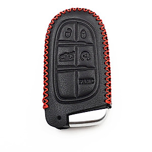 WFMJ Black Leather for Jeep Grand Cherokee Dodge Charger Challenger Dart Durango Journey Chrysler 300 5 Buttons Smart Remote Key Fob Case Cover Chain (type1)