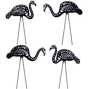 GiftExpress 4 PCS Halloween Black Flamingo Skeleton, Zombie Flamingos, Skull Flamingo with Stakes for Halloween Lawn Ornaments, Spooky Graveyard Decorations (4)