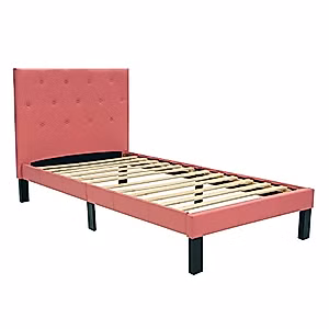 Poundex PU Upholstered Platform Bed, Twin, Pink