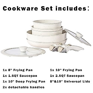 Vkoocy Non Stick Pot and Pan Set with Removable Handle, Ceramic Cookware Set Detachable Handle, Induction Kitchen Camping Stackable Pots Pans, Dishwasher/Oven Safe, Cream