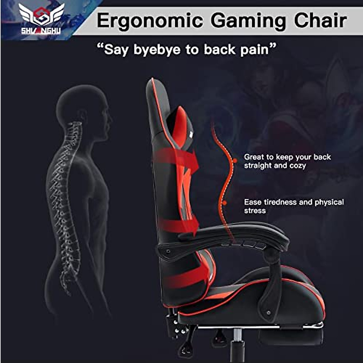 shuanghu Gaming Chair High Back Computer PC Ergonomic Video Office Chairs Gamer Chair with Footrest Video Support Reclining Video Computer Chair Desk Chair Leather Gaming Chair