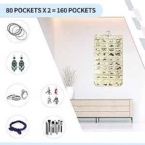 WIFTREY 2 Pack Hanging Jewelry Organizer with 80 Pockets,Double Sided Closet Earring Storage for Necklace Bracelet with Hanger,Beige
