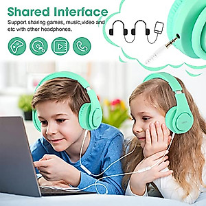 Kids Wired Headphones with Microphone, 85/94dB Volume Limiter, Shareport, Foldable Adjustable Stereo Tangle-Free 3.5MM Wire Cord Over-Ear Headphone for Smartphones/PC/Tablet/School/Trip(Green)