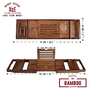 XcE Bathtub Caddy Tray Expandable to 105cm with Bamboo Book Stand and Soap Tray, Brown
