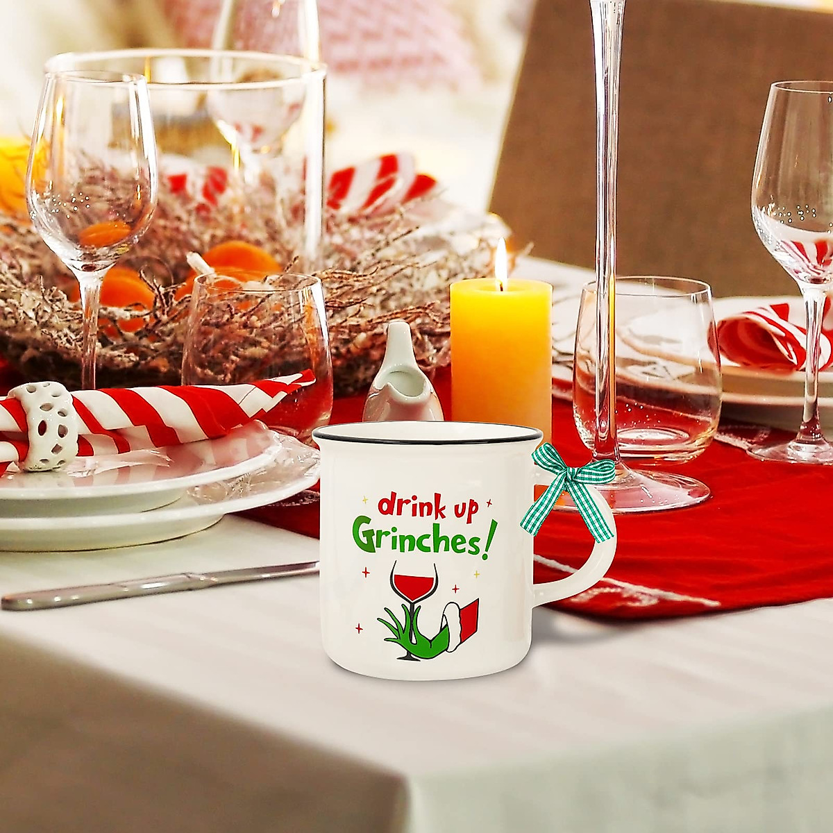 Whaline 4Pcs Christmas Mini Coffee Mug with Ribbon Tiered Tray Decor Green White Xmas Drinking Cups Gifts for Christmas Party Table Centerpieces Decorations Housewarming Gift