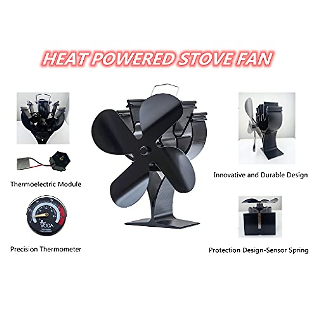 HEUNGBERANT Wood Stove Fan Wood Burning Stove Fan Heat Powered Fireplace Fan for Wood/Log Burner/Fireplace (updated I shape with thermometer)