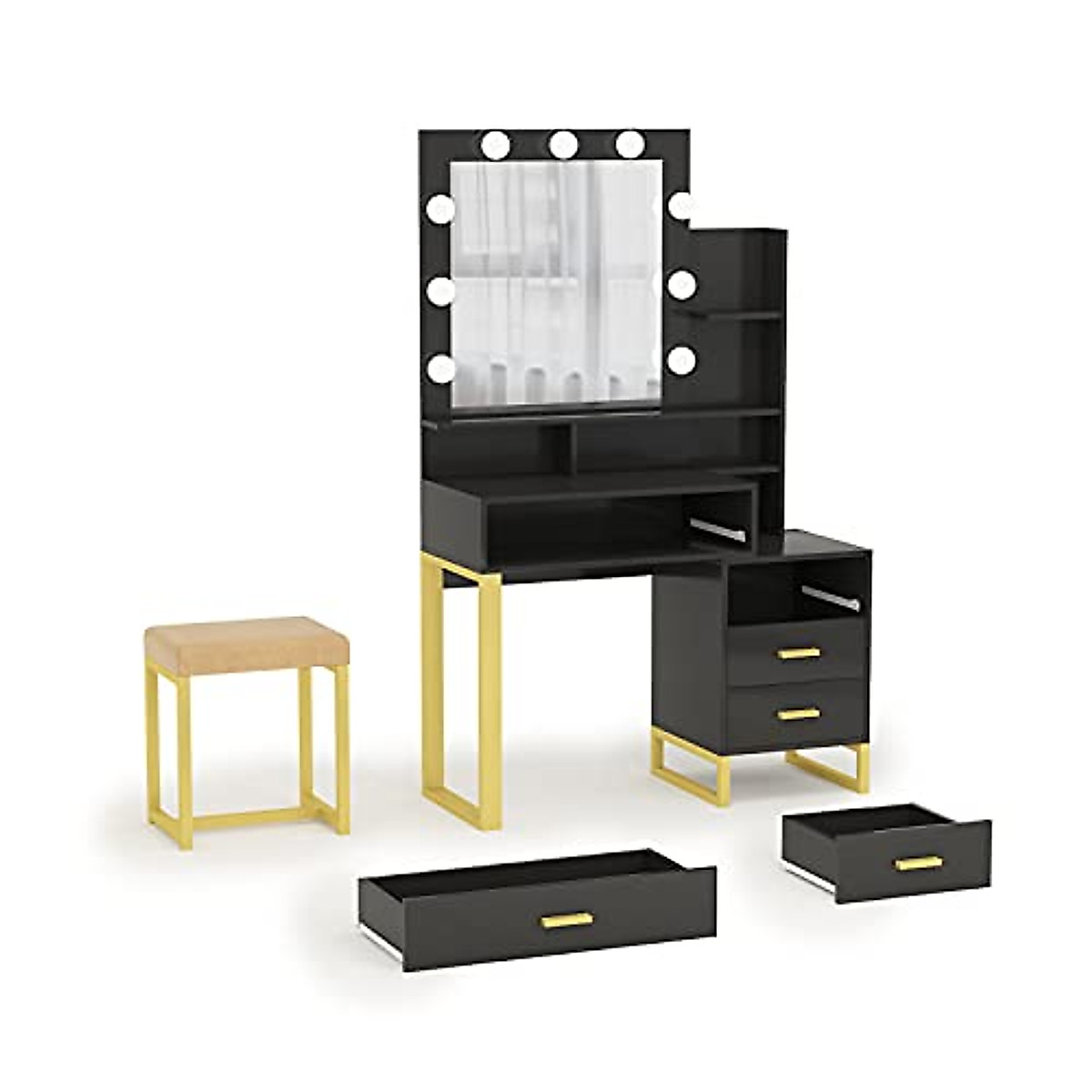 PAKASEPT Vanity Set with Lighted Mirror, Makeup Vanity Dressing Table with LED Light, Drawers, Storage Shelves and Cushioned Stool, Small Vanity Desk for Bedroom (Black, 39.4"Lx15.7"Wx63"H)
