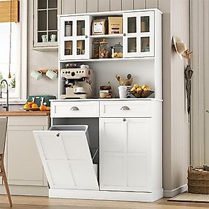 Double Tilt Out Trash Can Cabinet, 68" Tall Kitchen Pantry Storage Cabinet with 2 Drawers & Hutch & Microwave Coffee Stand, Freestanding 20 Gallon Trash Recycling Cabinet, Hidden Garbage Can Cabinet