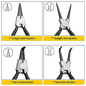 LFSEMINI Snap Ring Pliers Set, 4pcs 7" Internal/External Circlip Pliers Kit with Straight/Bent Jaw, Heavy Duty Precision Spring Loaded Pliers for Ring Remover Retaining and Remove Hoses, Gaskets