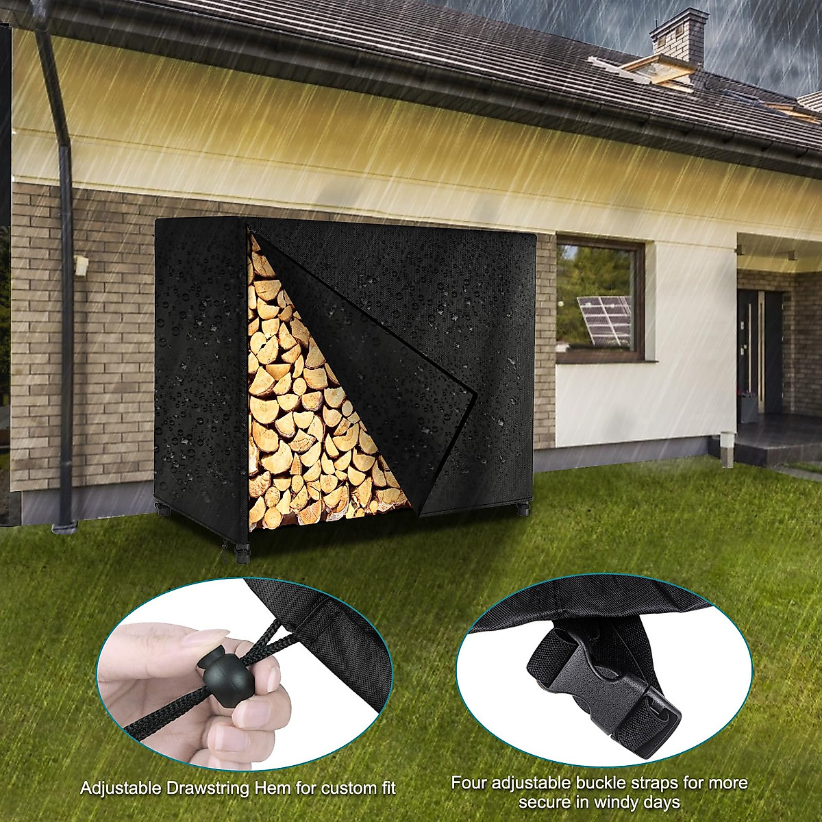 DUDSOEHO 4FT Firewood Rack Cover Waterproof, Fire Wood Storage Holder Covers Heavy Duty Oxford Fabric Firewood Log Hoop Cover Outdoor Indoor with Zipper, Black