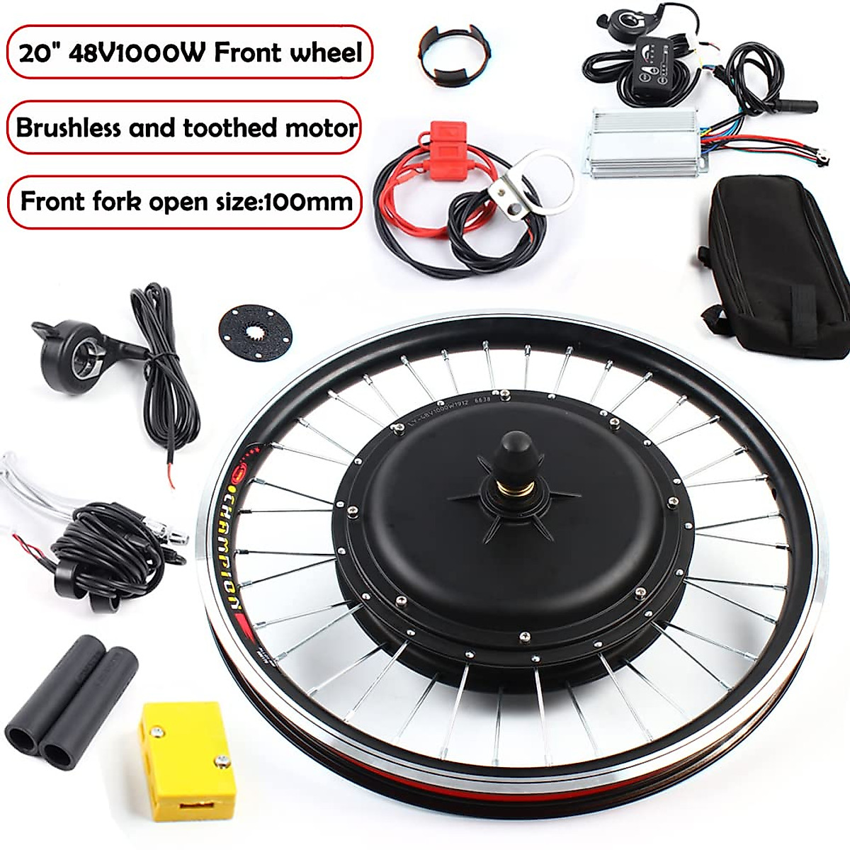 JAYEUW Electric Bike Conversion Kit, Front/Rear Wheel Electric Bicycle Motor Kit, for 20" Bike, w/V Brake+Disc Brake, 36V 250W/48V 1000W Bike Hub Motor,30/50KM/H (48V 1000W Front Wheel)