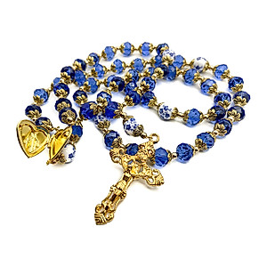 Nazareth Store Catholic Blue Crystal Beads Gold Rosary Flowers Beaded Necklace Miraculous Heart Locket Medal & Cross Religious Women Men Amulet