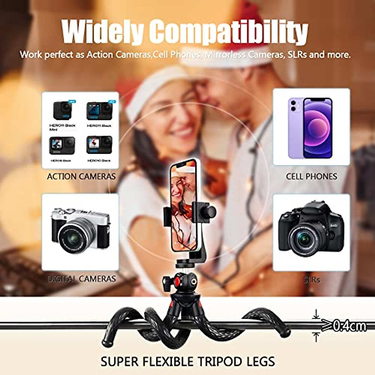 Phone Tripod, Lammcou 3 in 1 Flexible Tripod for Camera, Cell Phone, Universal 360 Degree Rotation Phone Holder with Tilt Ballhead for Video Recording, Vlogging, Live Streaming (Black)