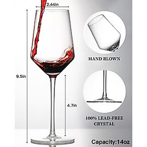 Physkoa Wine Glasses Set of 6-14 oz, Thin Rim, Crystal, Hand Blown, Long Stem - Perfect for Red or White, Gifts for Wine Lovers, Valentine's Day Gifts