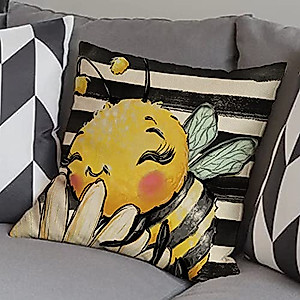 Fjfz Spring Bumble Bee Sunflower Decorative Throw Pillow Covers 18x18 Set of 4, Summer Farmhouse Black White Stripe Porch Patio Home Decor, Yellow Buffalo Plaid Check Quote Outdoor Couch Cushion Case