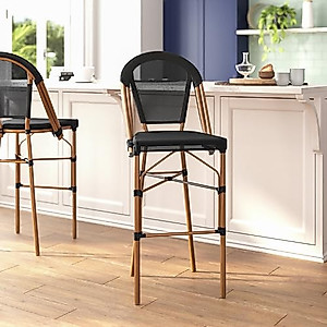 Flash Furniture Marseille Indoor/Outdoor Commercial Bistro Stacking Bar Stool - Black Textilene Back and Seat - Natural Bamboo Print Metal Frame, 2 Pack