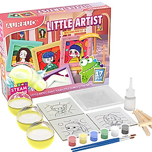 AUREUO Ceramic Mold Painting Kit for Kids - Little Artist - Arts & Crafts DIY Plaster to Paint, 3 Predrawn Mini Canvas & Easel, Acrylic Paint Set & Brush Toy Gift