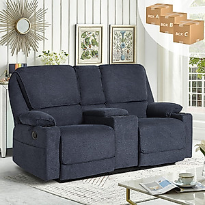 YOCONYO Loveseat Recliner, RV Reclining Loveseat, Home Theater Seating, Manual Loveseat with Console, 4 Cup Holders, 2-Seater Recliner Sofa, RV Furniture for Travel Trailers, Livingroom (Navy Blue)