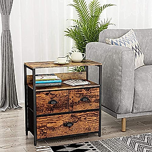 Furologee Vertical 4 Drawer Dresser with Shelves, and 3 Drawer Nightstand, Fabric Storage Tower Unit, Sturdy Metal Frame Furniture,Removable Brown Fabric Bins for Bedroom,entryway,Office