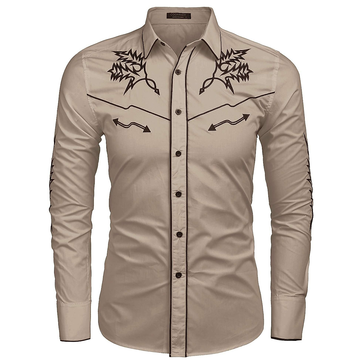 COOFANDY Mens Western Cowboy Shirt Embroidered Denim Long Sleeve Casual Button Down Shirt (Large, Khaki)