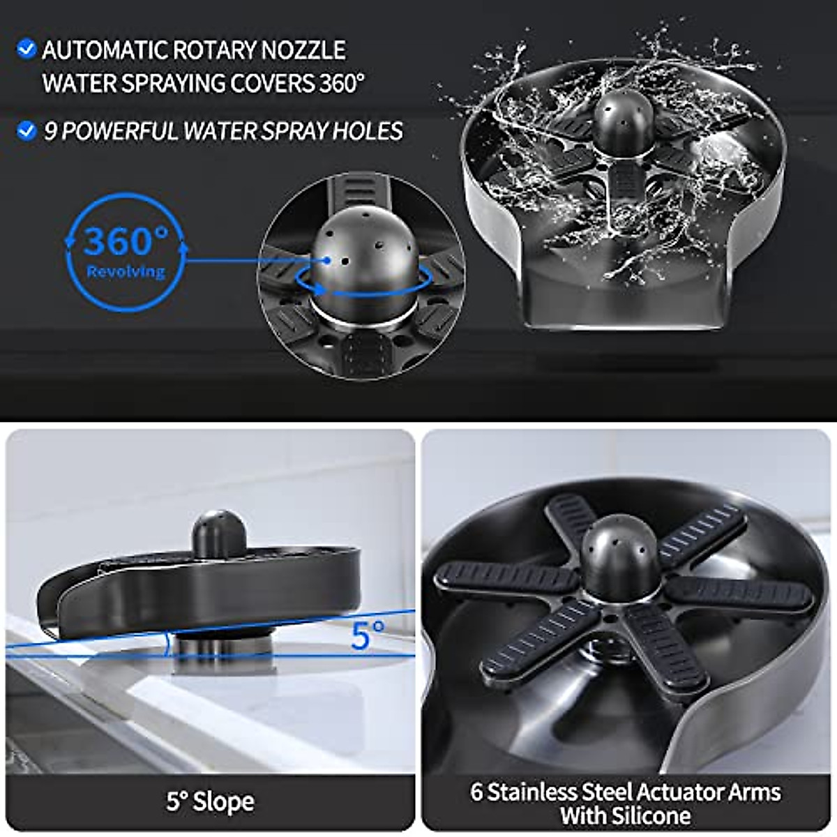 Glass Rinser for Kitchen Sink, WingHo 360° Rotating Stainless Steel Cup Cleaner Cup Washer Sink Accessories, Gray