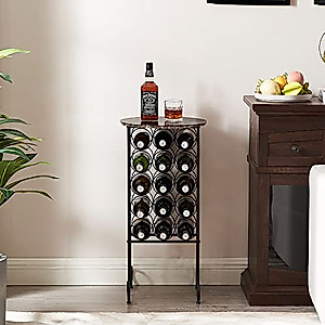 VECELO Metal Wine Rack Console Table, Freestanding Floor Bottles Organizer & Display Shelf with Faux Marble Finish Top, for Bar Kitchen Dining Living Room, Small Spaces, Holds 15, Black