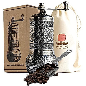 Bazaar Anatolia Turkish Pepper Mill Grinder Refillable Spice 4.2" Manual Crank Handle (Dark Silver)