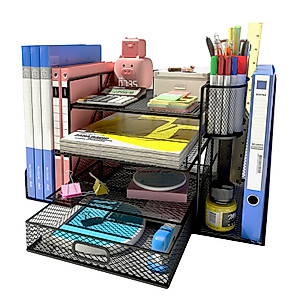 navmen Desk Organizer with File Holder,4 Tier Metal Mesh Desktop Organizer Paper Letter Tray Organizer with Drawer Holder and 2 Pen Holder,for Office Supplies Home or School Storage,(Black)