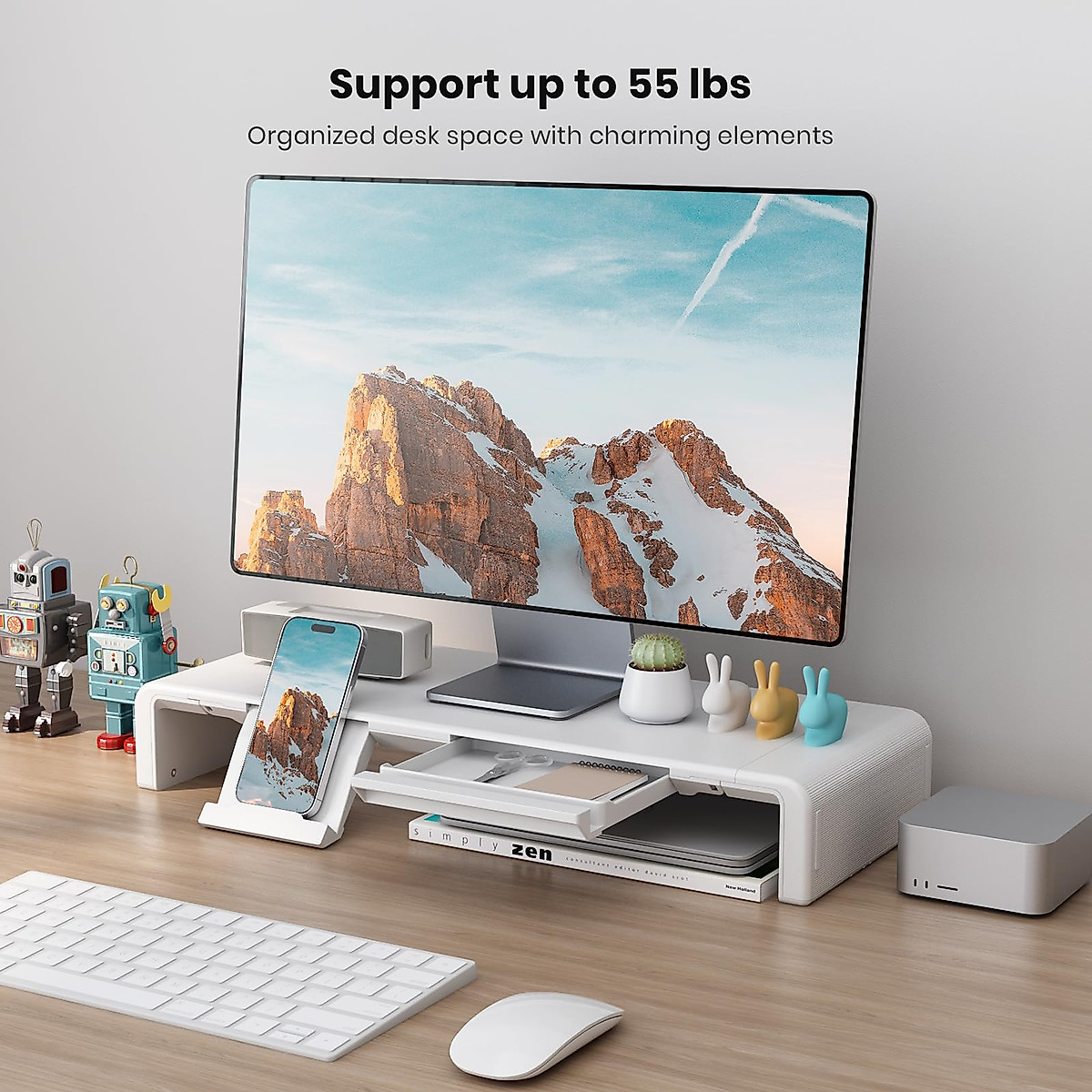 Monitor Stand Riser, Klearlook Foldable Computer Monitor Stand, Adjustable Computer Stand Desk Organizer with Storage Drawer, Tablet Phone Stand for Laptop PC Printer (White)