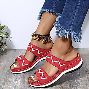 Round Women's Shoes Shoes Wave Pattern Toe Sandals Wedge Open Beach Toe Women's Sandals Women Wedge Sandals Size 8 (Red, 9.5)