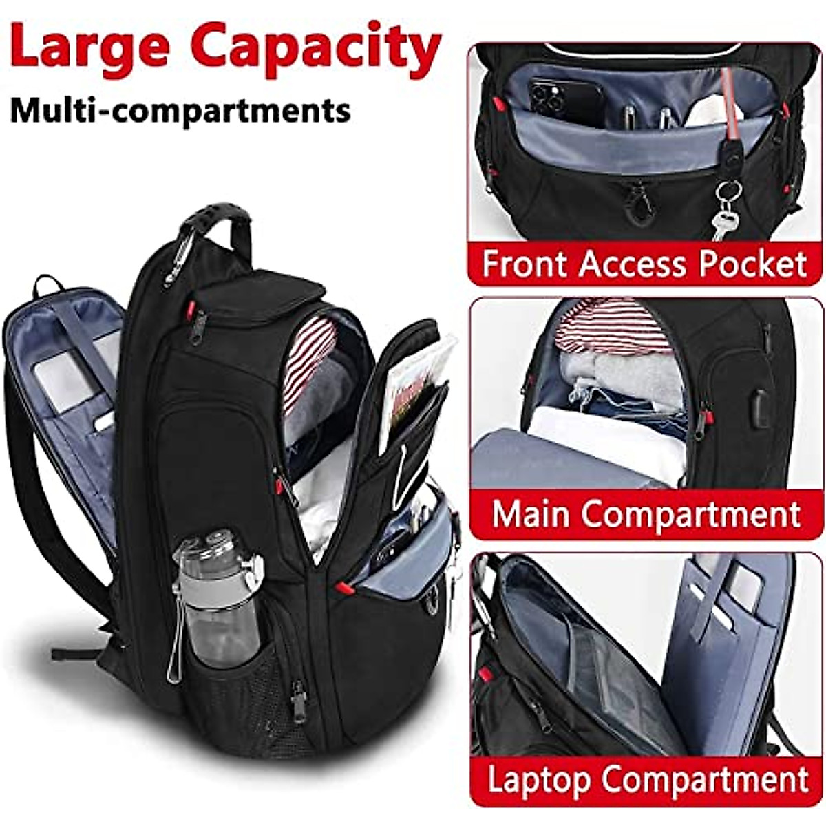 Travel Laptop Backpack, Large Expandable Backpacks with USB Charging Port, Anti Theft College School Bookbag Airline Approved, TSA Business Bag Gift for Women Men Fit 17.3 Inch Computer, Black