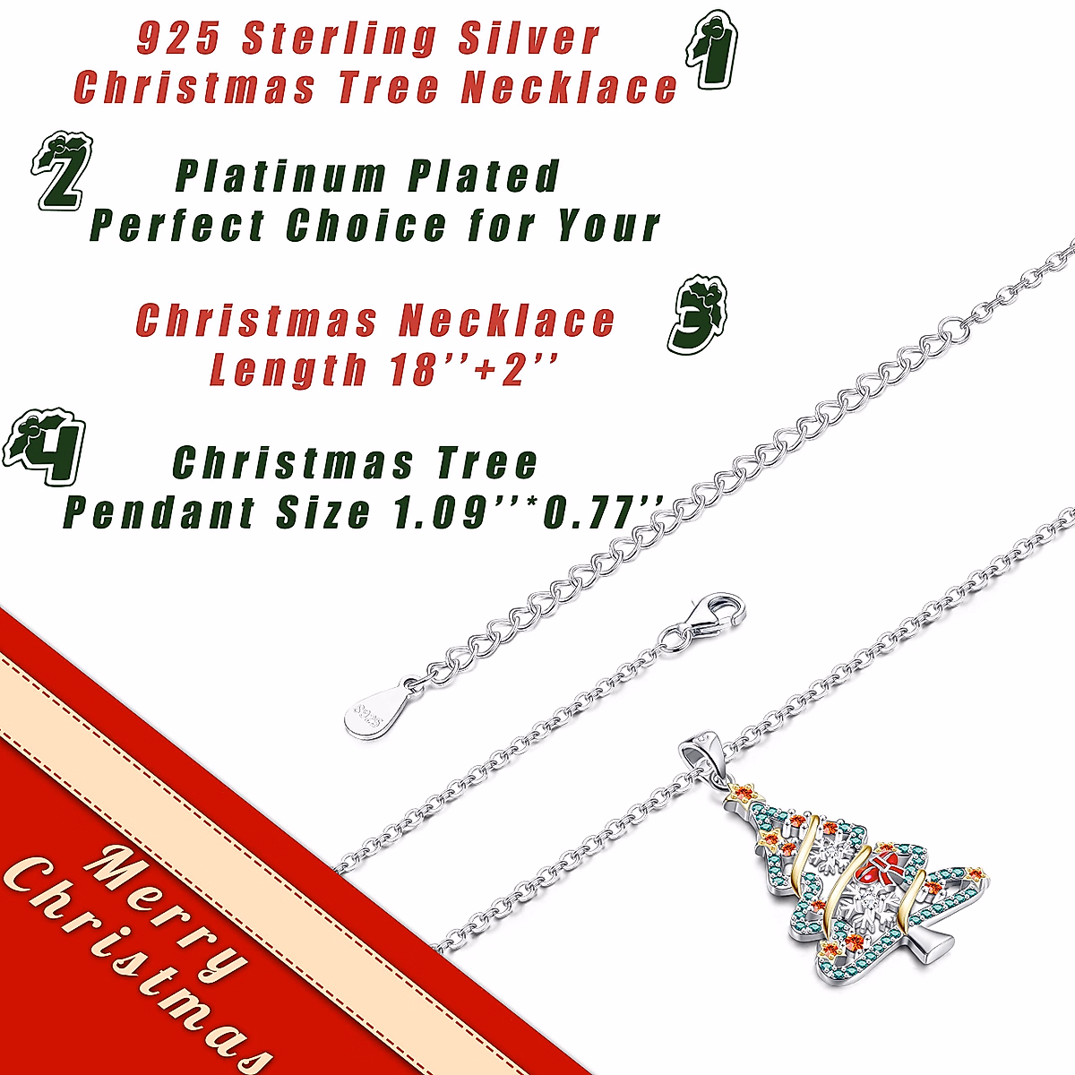 MUSECLOUD Christmas Necklace 925 Sterling Silver Christmas Tree Necklace For Women White Gold Plated Christmas Tree Pendant Christmas Jewelry Gift (Silver)