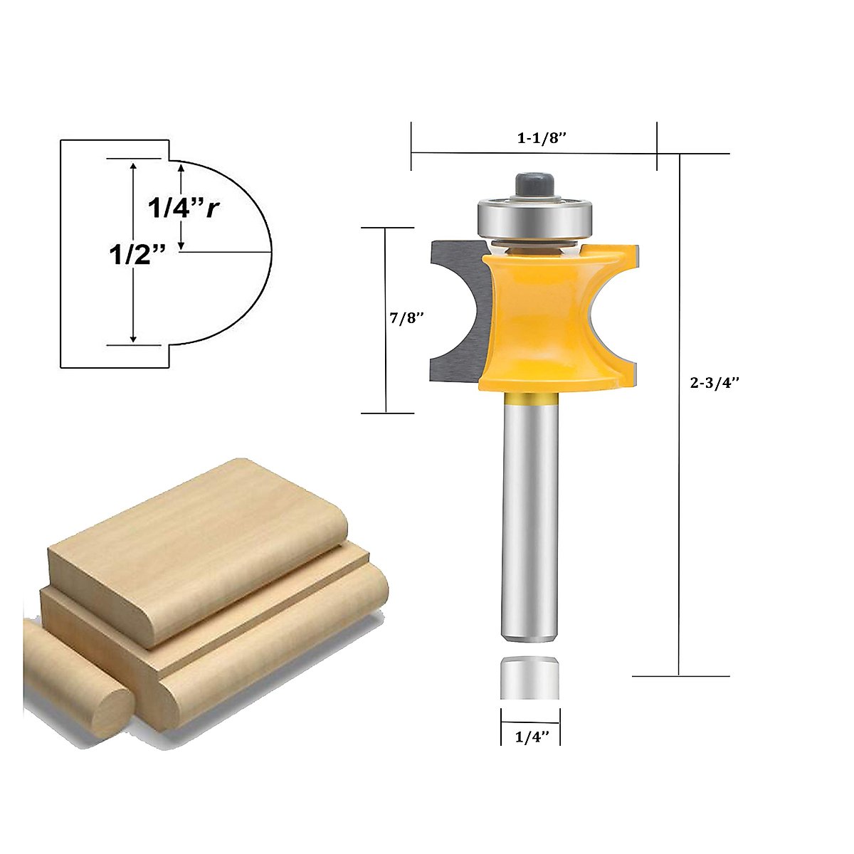 OLETBE Router Bits 1/4 Inch Shank Bullnose Bit 5PCS，Half Round Bearing Cabinet Shelf Door Edge Cutting Bits， Radius 1/8" 3/16" 1/4" 5/16" 3/8", Woodworking Milling Cutter CNC Tool(Panel)
