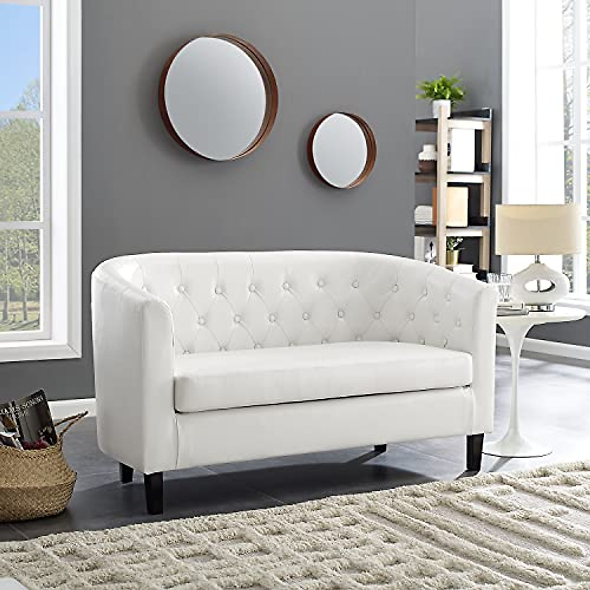 Barrel Love Seat, Button Tufted Faux Leather Barrel Loveseat Sofas, Midcentury Modern 2 Seater Sofa Couch, Small Loveseats for Small Spaces, Bedrooms, Love Seats Couches for Living Room - White