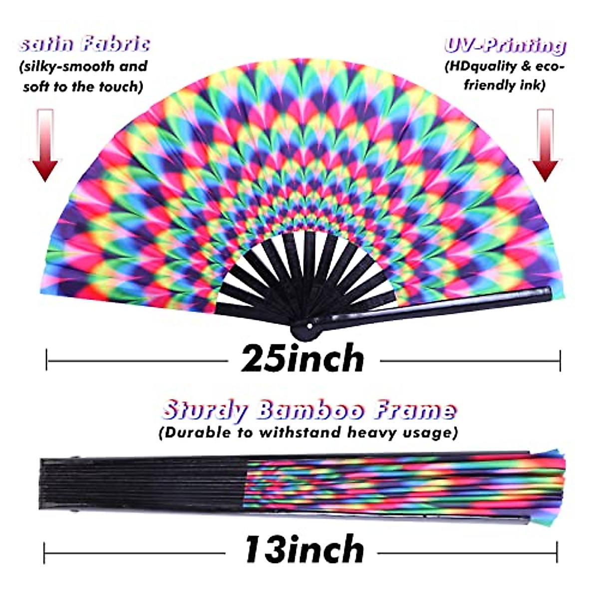 Gionforsy 2pcs Rave Hand Fan Bamboo Holding Hand Fan Large Folding Fan with Bright Color Fabric Folding Fan for Festival (Style-1)