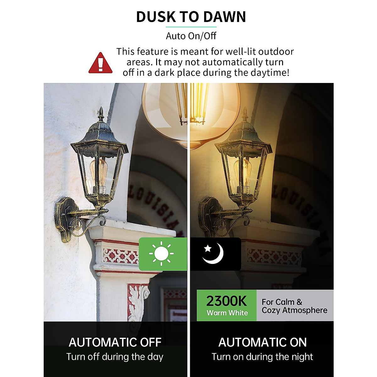 Qualilux Dusk to Dawn Edison Light Bulbs ST58(ST19), Vintage Amber Glass, Warm Light, 6.5W=60W, Non-Dimmable Auto On/Off Light Sensing LED Filament Bulb Outdoor, 700LM, E26, 2-Pack, HQ-H027