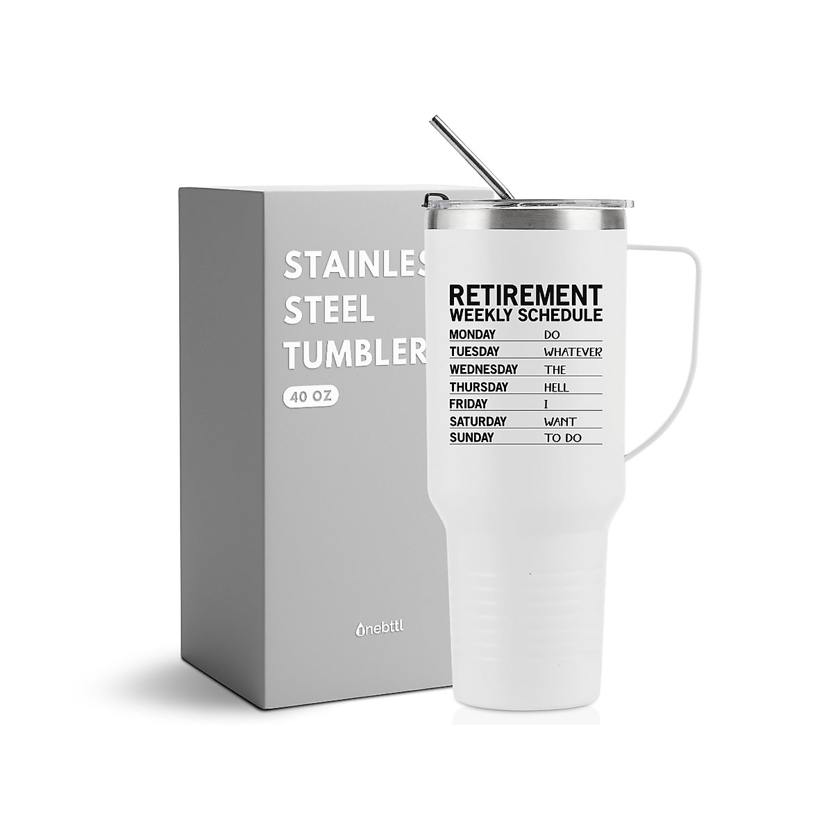 Onebttl Retirement Gifts for Men, Retirement Tumbler for Men 40oz Insulated Travel Cup with Handle, Retired Gifts for Dad, Grandpa, Friends, CoWorker (White, Schedule)