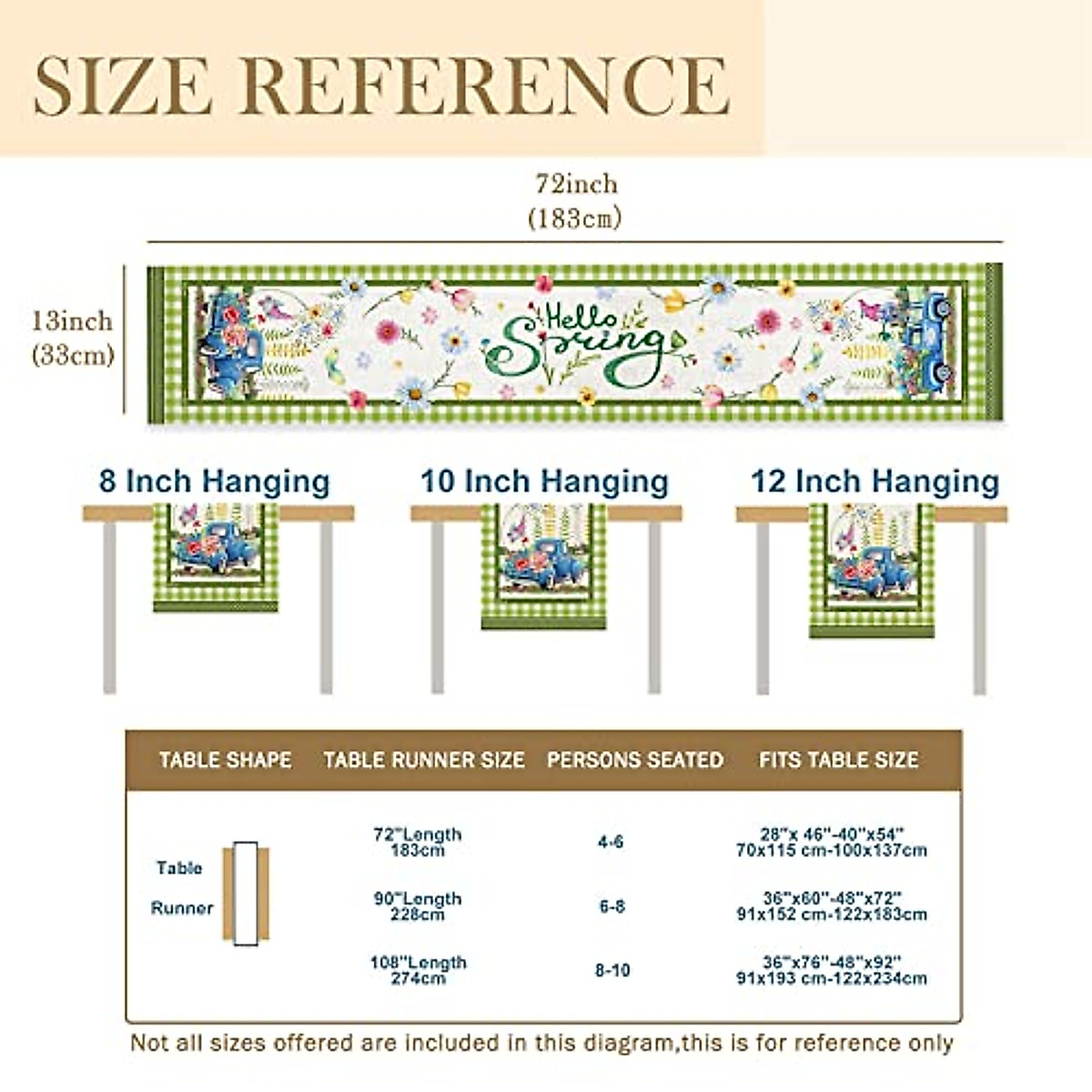 Spring Table Runner, Hello Spring Table Runners 72 Inches Long, Blue Truck with Gnomes Seasonal Runner, Flowers Blossoms Green Buffalo Plaid Small Coffee Table Cloth for Home Dining Room