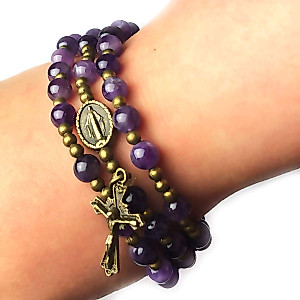 Amethyst Stone Catholic Rosary Bracelet for Women with Virgin Mary Our Lady of Graces Medal Charm - Catholic Gifts