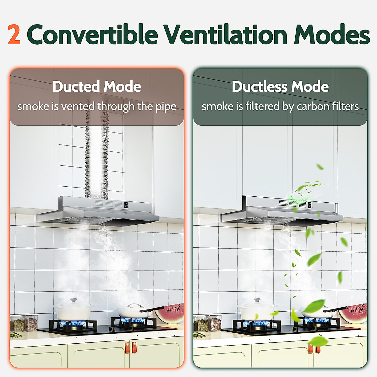 FIREGAS 24 inch Range Hood Under Cabinet, 300CFM Ducted/Ductless Convertible Kithen Hood in Stainless Steel with 2 watt LED Light and Filter, 2 fan speeds, hassle-free installation