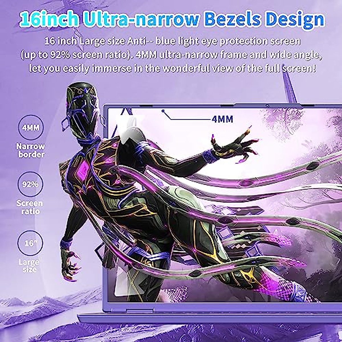 【Win 11 Pro/Office 2019】 16" Laptop Ultra-Narrow bezels 2.5K FHD(2560x1600) IPS Screen, Celeron N5095, 12G RAM, 1TB SSD, Color Backlit KB, Fingerprint Reader, WiFi, Type-C, HDMI(12G+1T SSD, Purple)