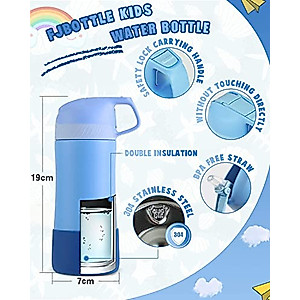 FEIJIAN Kids Insulated Water Bottle with Straw Lid 14oz, Leak-Proof BPA-FREE Metal Drink Flask, Double Wall Vacuum Stainless Steel Cup For Toddlers, Girls, Boys - Suitable for School, Outdoor, Travel