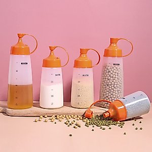 Squeeze Sauce Bottle with Scale, Practical Leakproof Squeeze Bottle Clear Scale Simple Usage Plastic Condiment Bottle for Home Orange 180ml