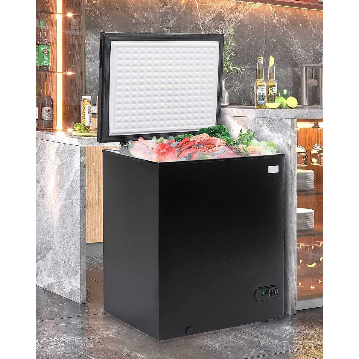 Muhub 5.0 Cu.Ft Chest Freezer,Deep Freezer with Removable Basket,Compact Freezer with Top Open Door, Adjustable Temperature, Low noise，Suitable for Kitchen Dorm Garage and Shed，Black