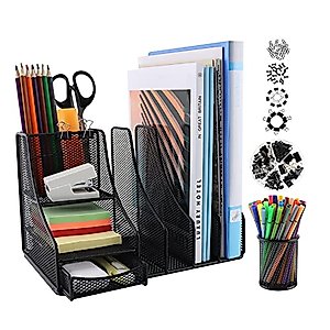 Desk Organizers and Accessories, Mesh Desk Organizer with Sliding Drawer + Pen Holder/72 Clips Set, 4 Vertical File Organizer to Collect Office Supplies, Black Desk Organizers for Home, Office, School